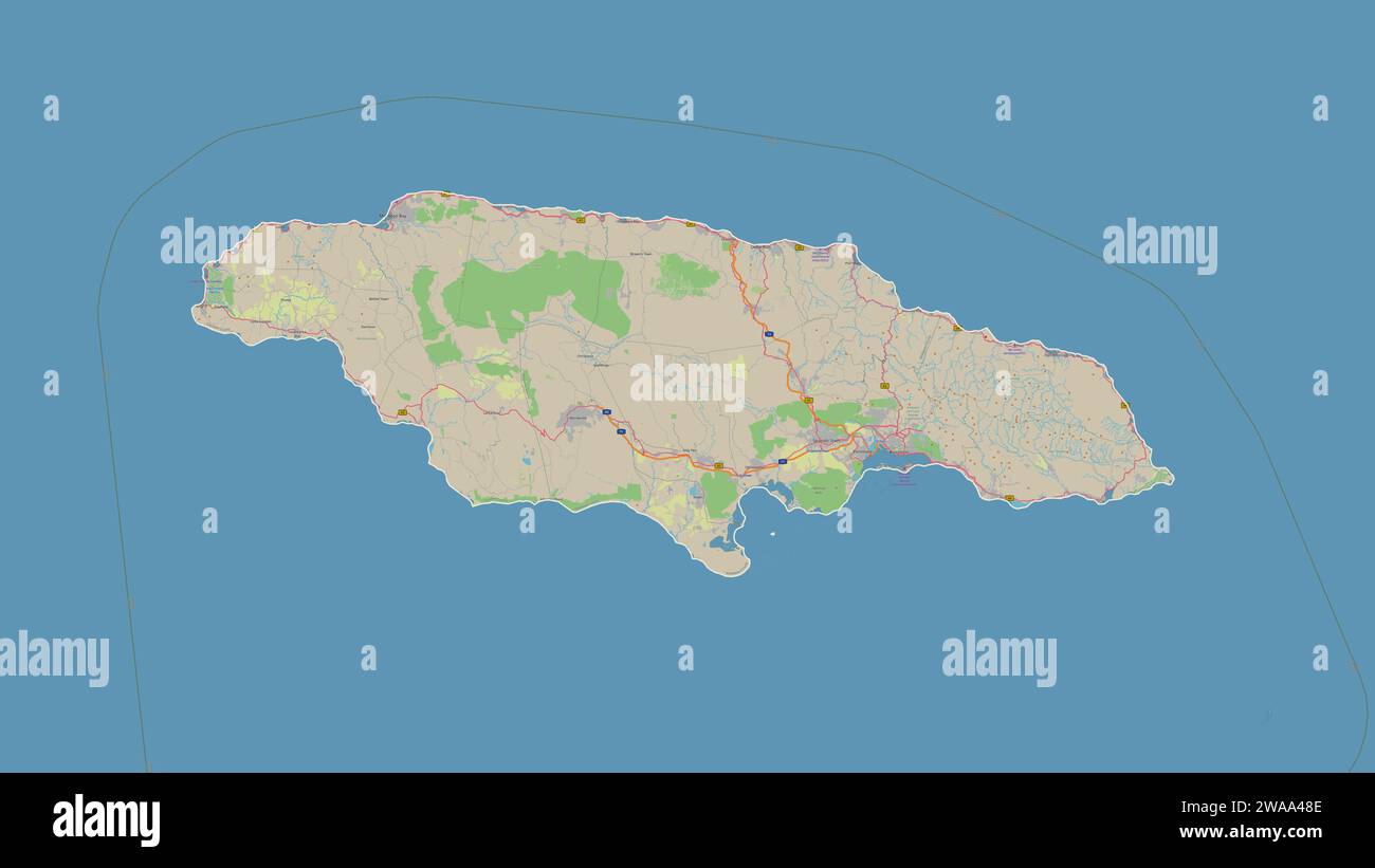 Jamaica outlined on a topographic, OSM Germany style map Stock Photo - Alamy