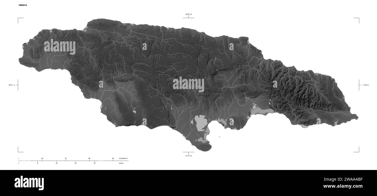 Shape of a Grayscale elevation map with lakes and rivers of the Jamaica, with distance scale and ...