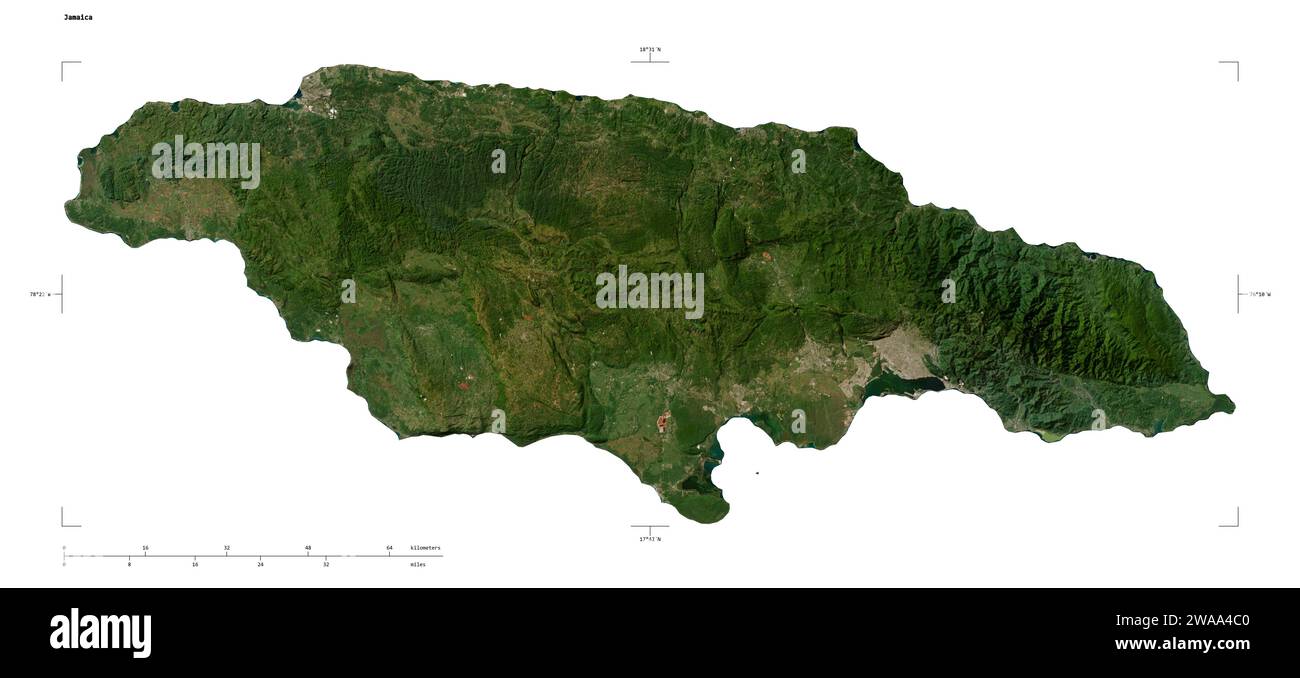 Shape of a low resolution satellite map of the Jamaica, with distance ...