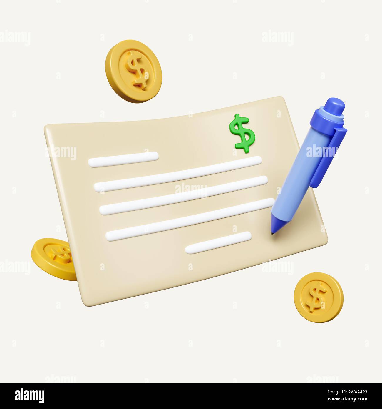 3D bank cheque and money coin with pen, banking payment receipt. icon ...