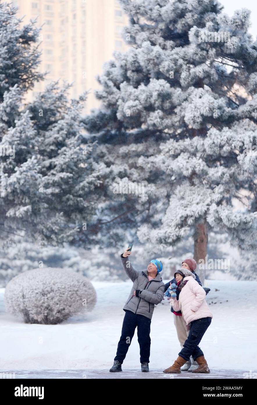 Harbin, China's Heilongjiang Province. 3rd Jan, 2024. People take a ...