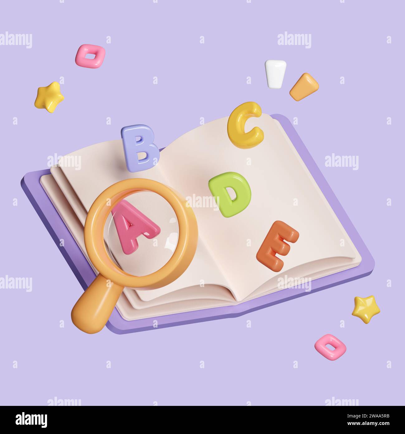 Magnifying glass with open book with alphabet isolated on pastel ...