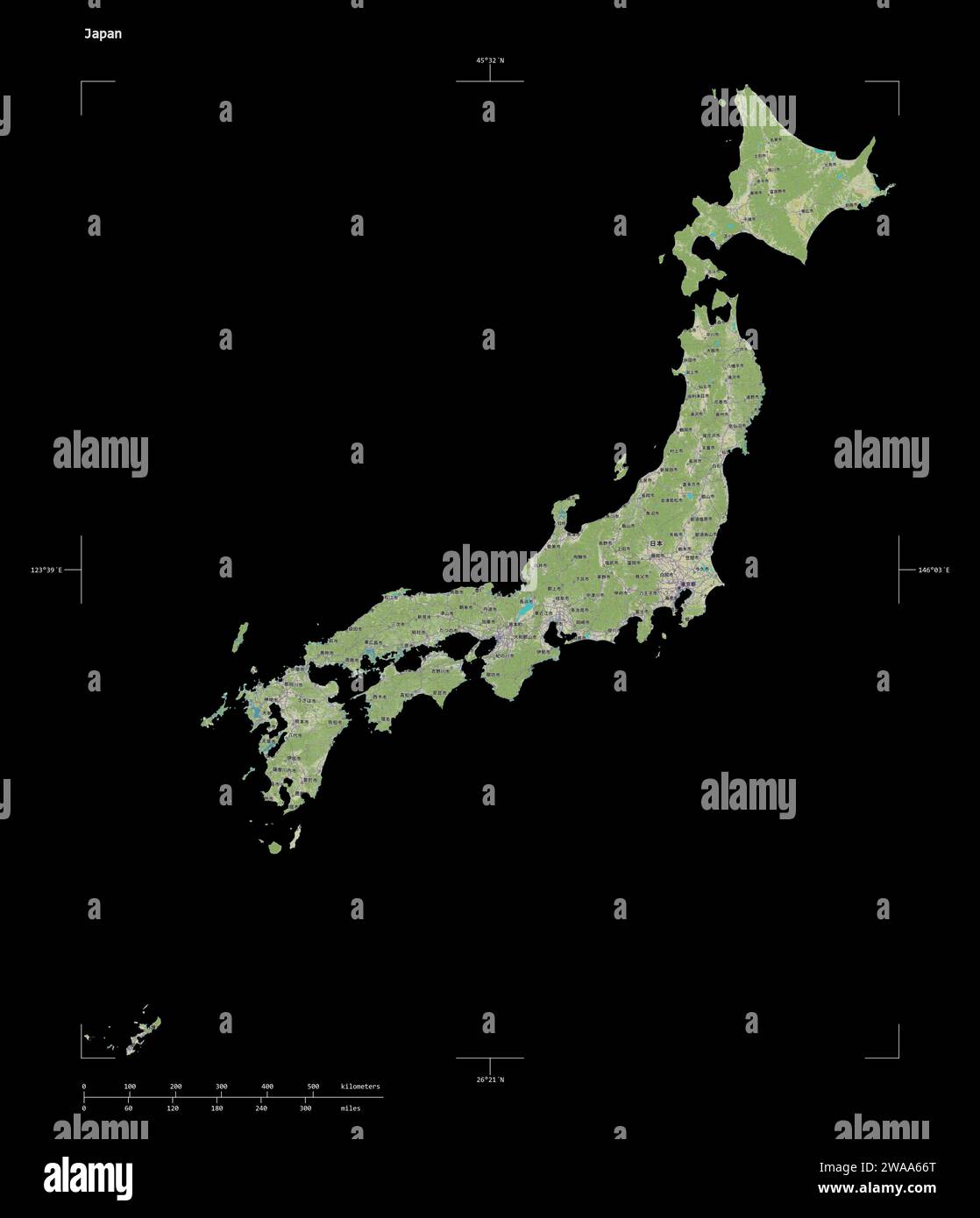 Shape of a topographic, OSM Humanitarian style map of the Japan, with ...