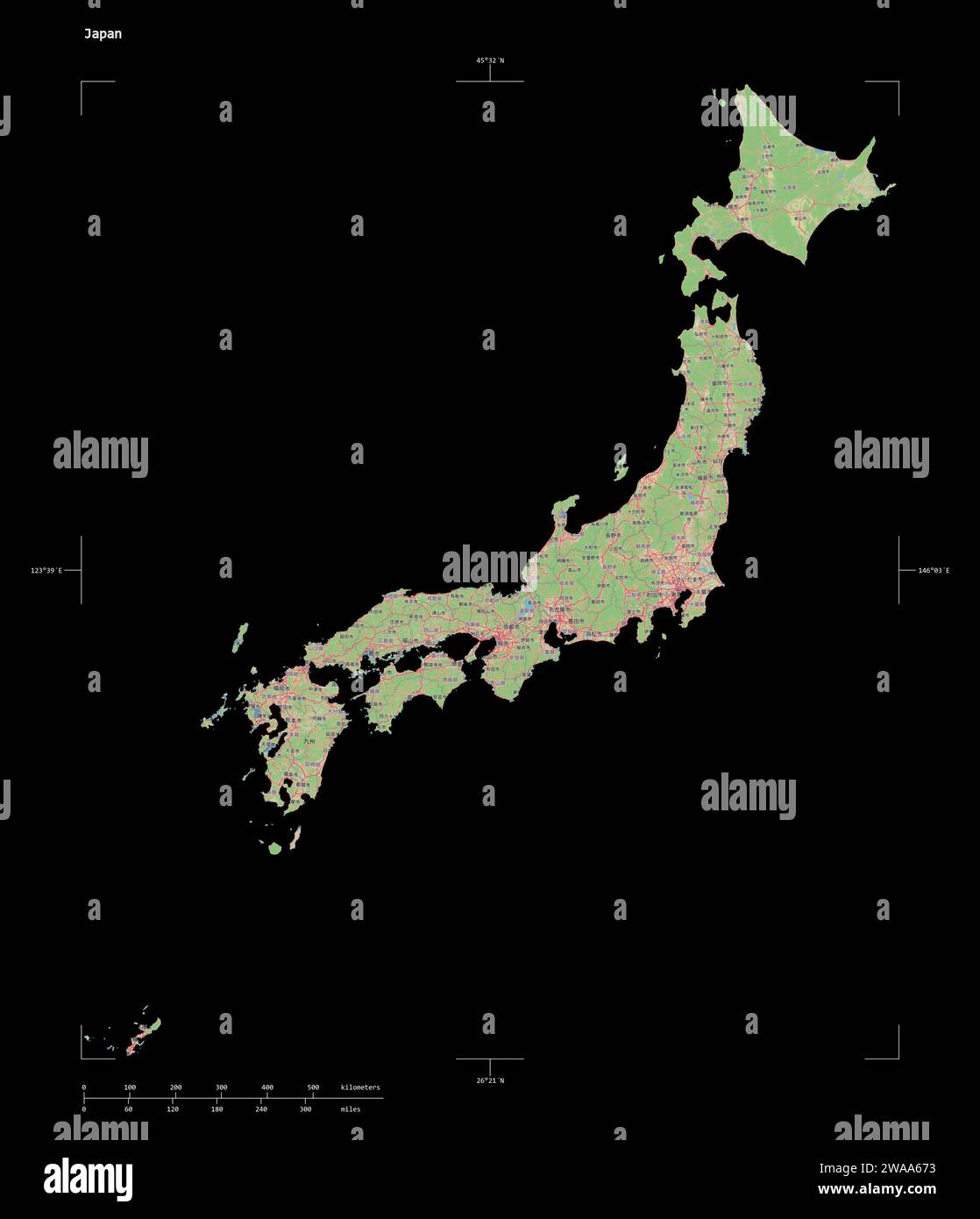 Shape of a topographic, OSM standard style map of the Japan, with ...