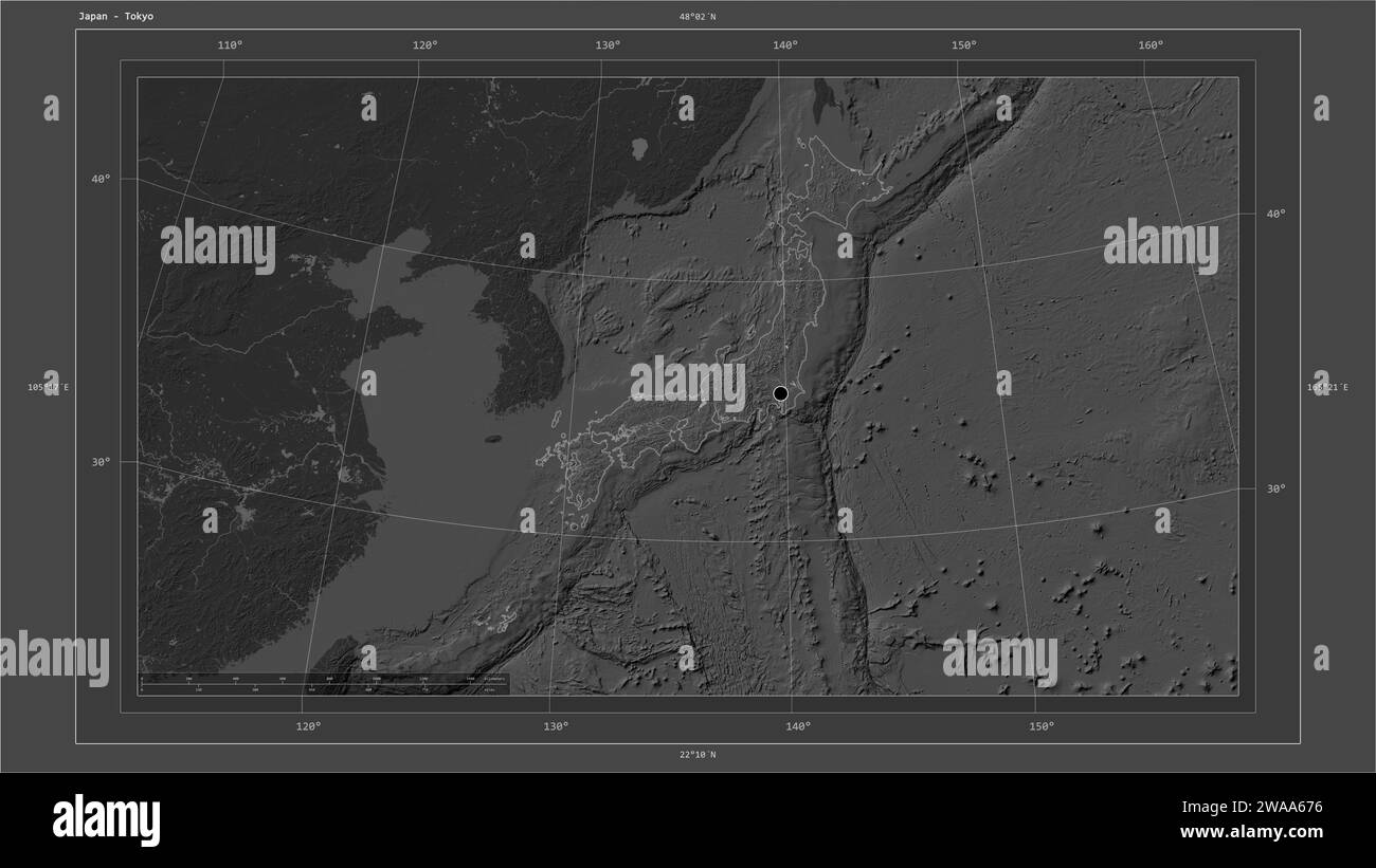 Japan highlighted on a Bilevel elevation map with lakes and rivers map ...
