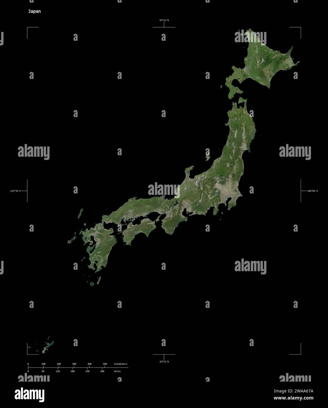 Shape of a high resolution satellite map of the Japan, with distance ...