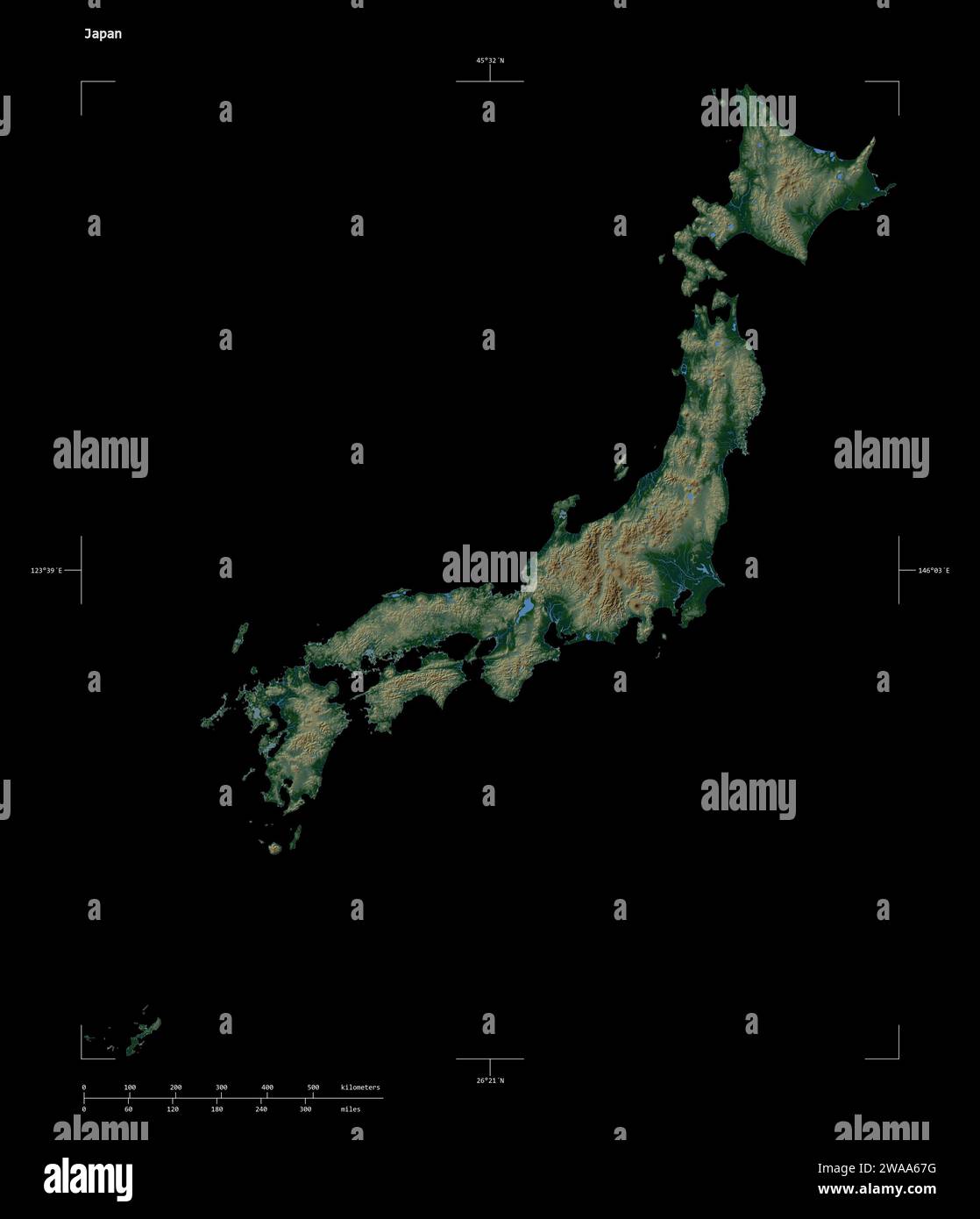 Shape of a Colored elevation map with lakes and rivers of the Japan ...