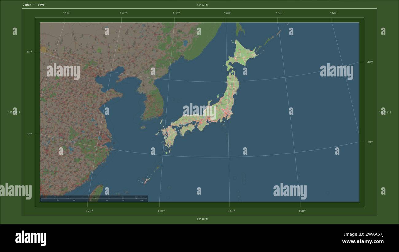 Japan highlighted on a topographic, OSM Germany style map map with the ...