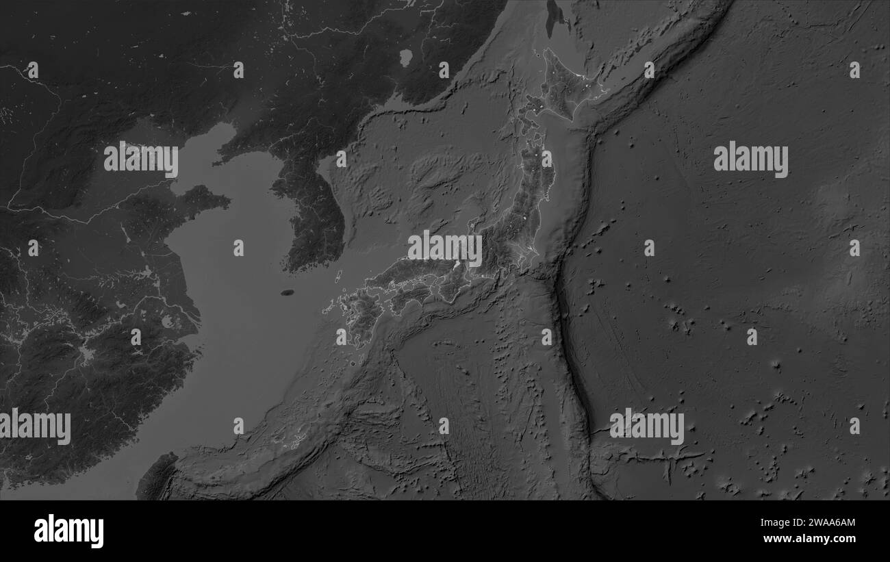 Japan highlighted on a Grayscale elevation map with lakes and rivers ...