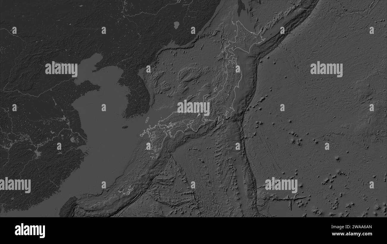 Japan highlighted on a Bilevel elevation map with lakes and rivers ...