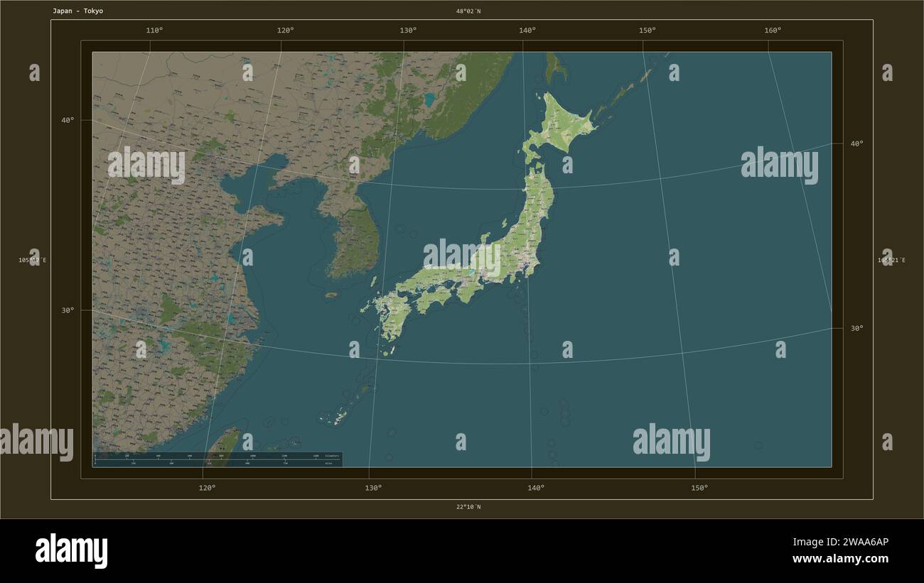 Japan highlighted on a topographic, OSM Humanitarian style map map with ...