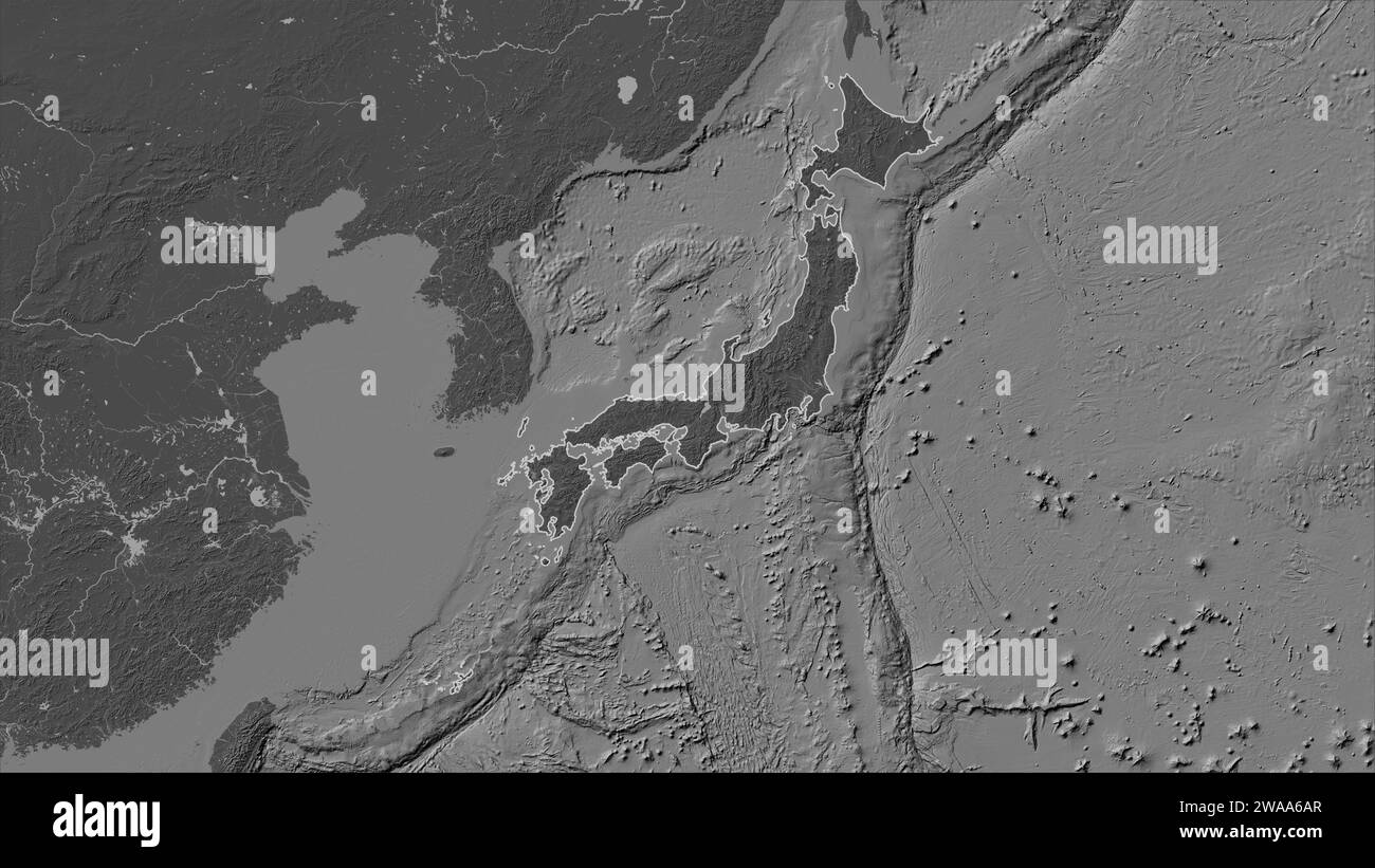 Japan outlined on a Bilevel elevation map with lakes and rivers Stock ...