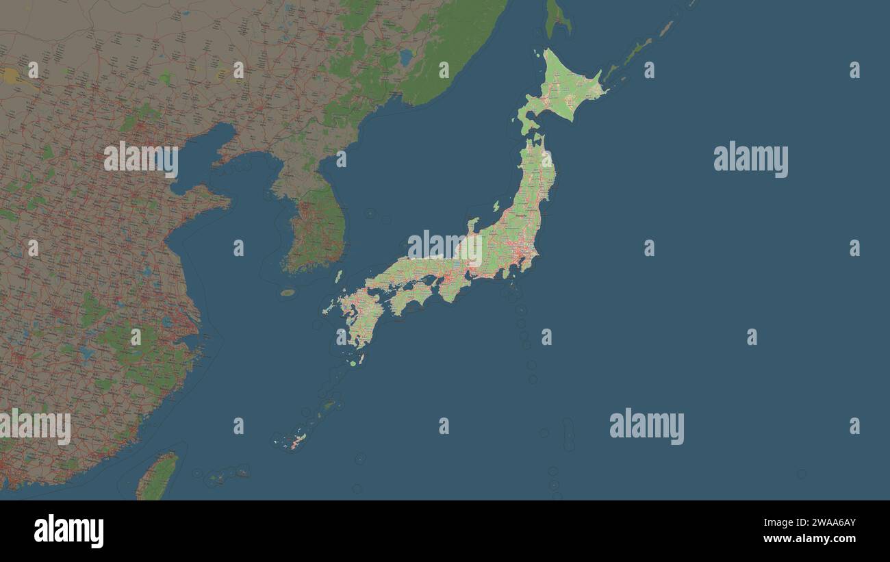 Japan highlighted on a topographic, OSM Germany style map Stock Photo ...