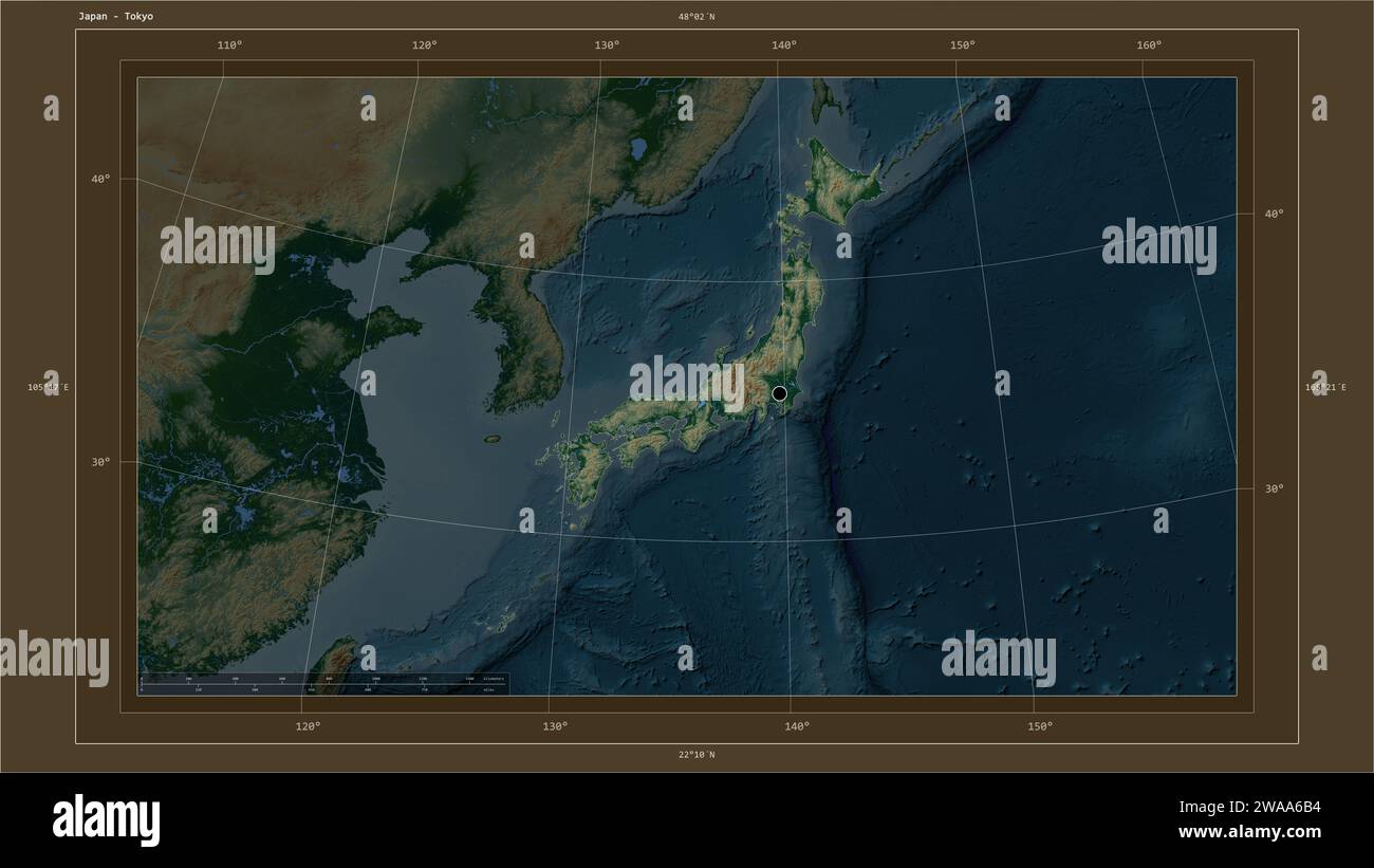 Japan highlighted on a Colored elevation map with lakes and rivers map ...