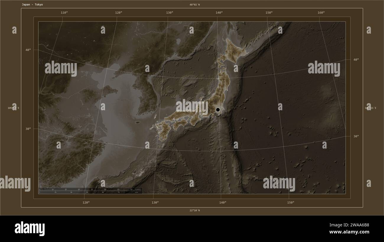 Japan highlighted on a elevation map colored in sepia tones with lakes ...