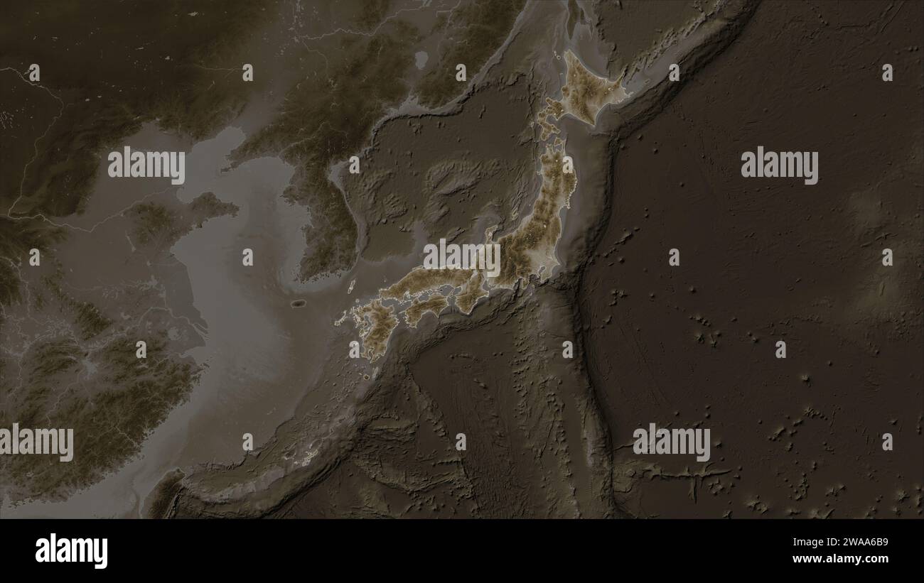 Japan highlighted on a elevation map colored in sepia tones with lakes ...