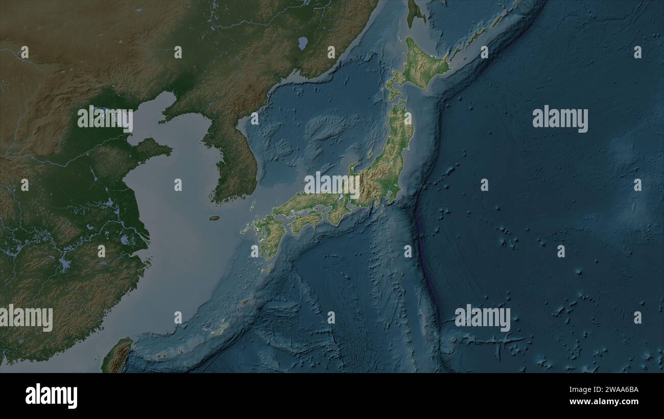 Japan highlighted on a Pale colored elevation map with lakes and rivers ...