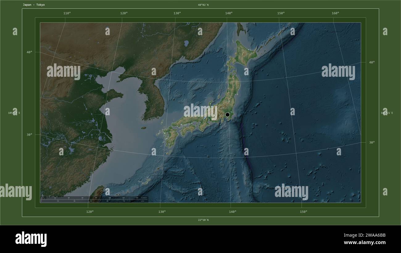 Japan highlighted on a Pale colored elevation map with lakes and rivers ...