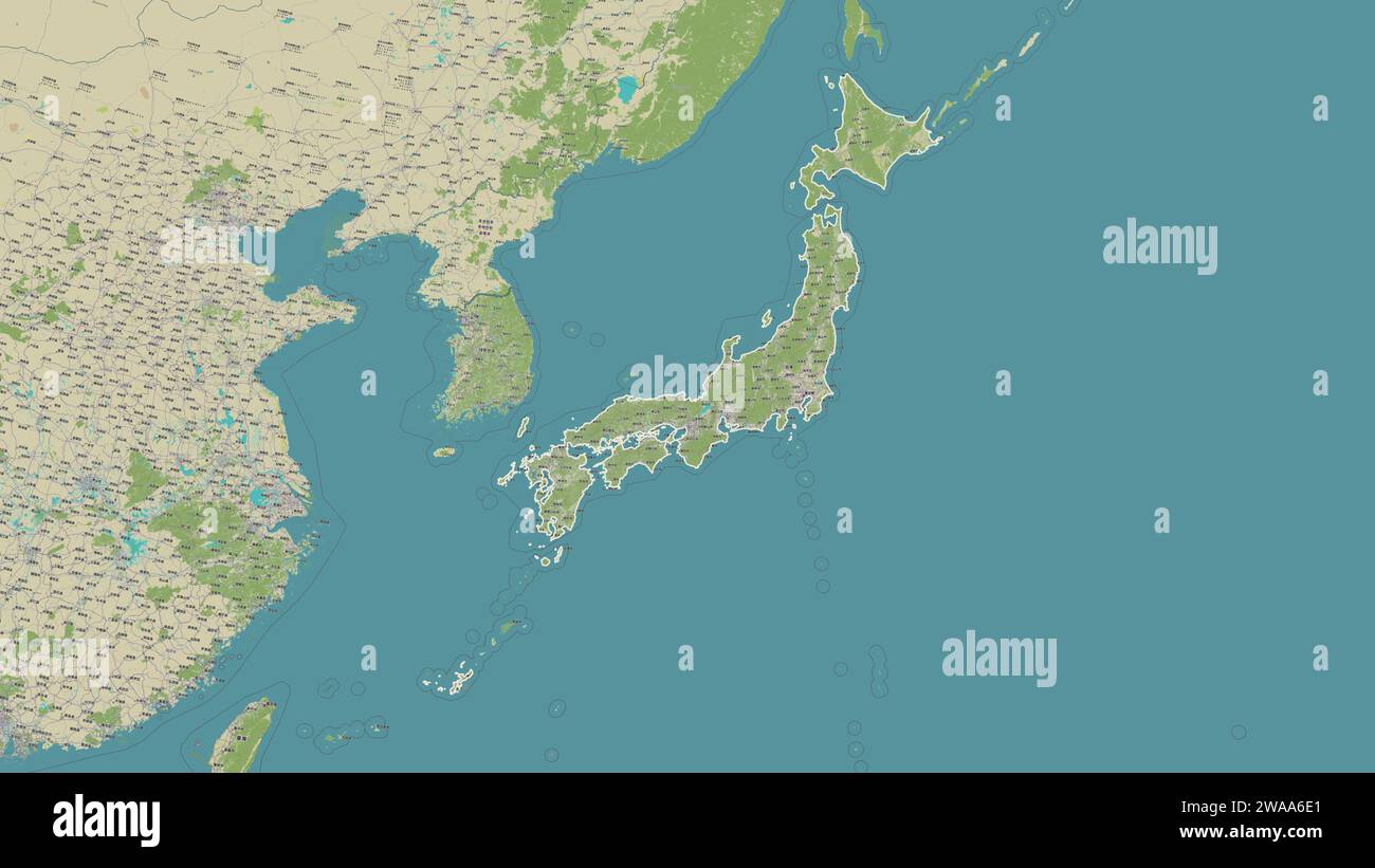 Japan outlined on a topographic, OSM Humanitarian style map Stock Photo ...
