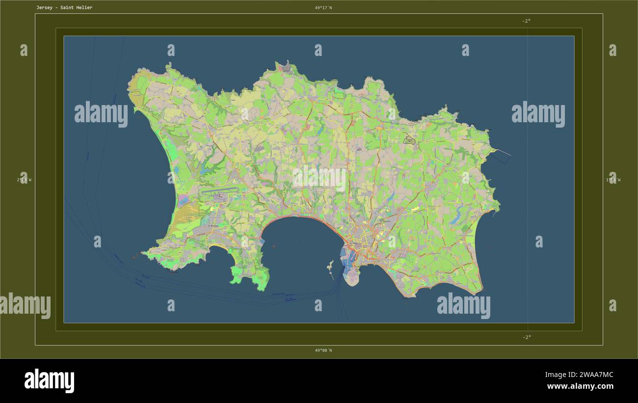 Jersey highlighted on a topographic, OSM standard style map map with ...