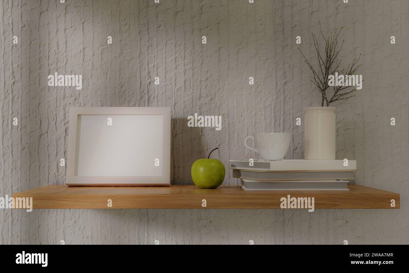 Small square wooden frame mockup in interior with trailing green apple ...