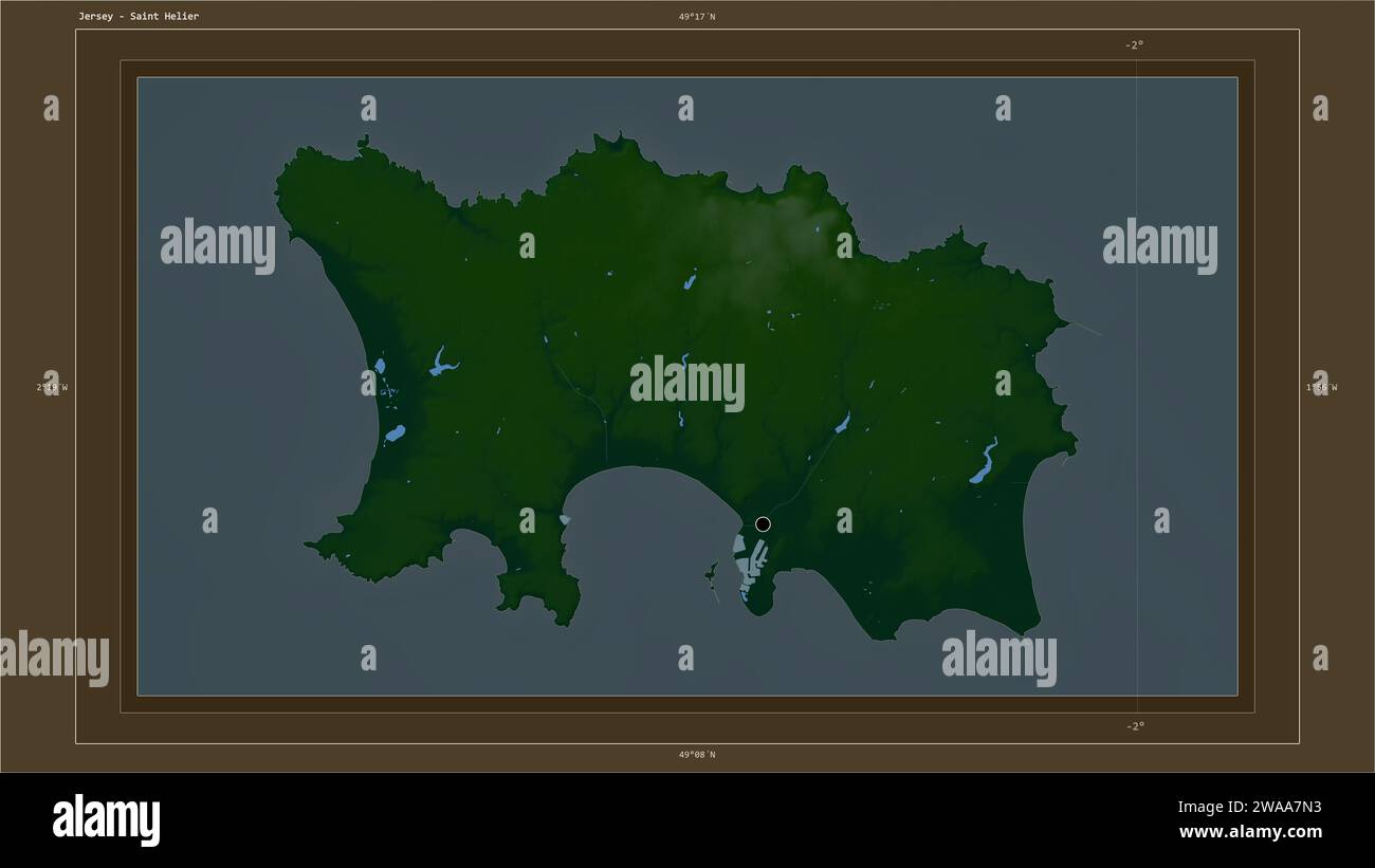 Jersey highlighted on a Colored elevation map with lakes and rivers map ...