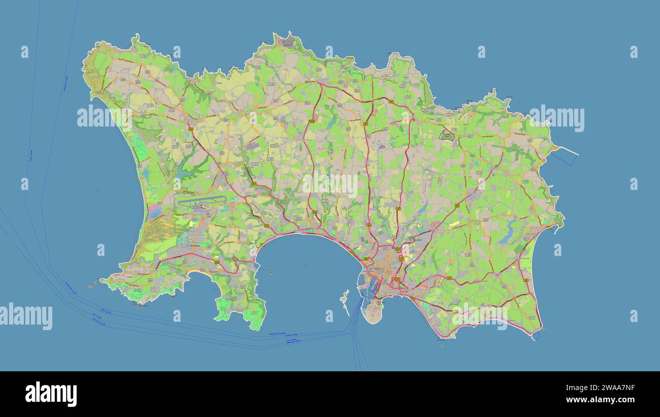 Jersey outlined on a topographic, OSM Germany style map Stock Photo - Alamy