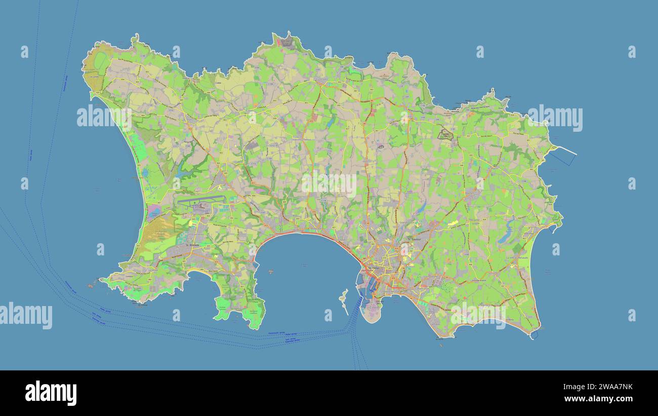 Jersey outlined on a topographic, OSM standard style map Stock Photo - Alamy