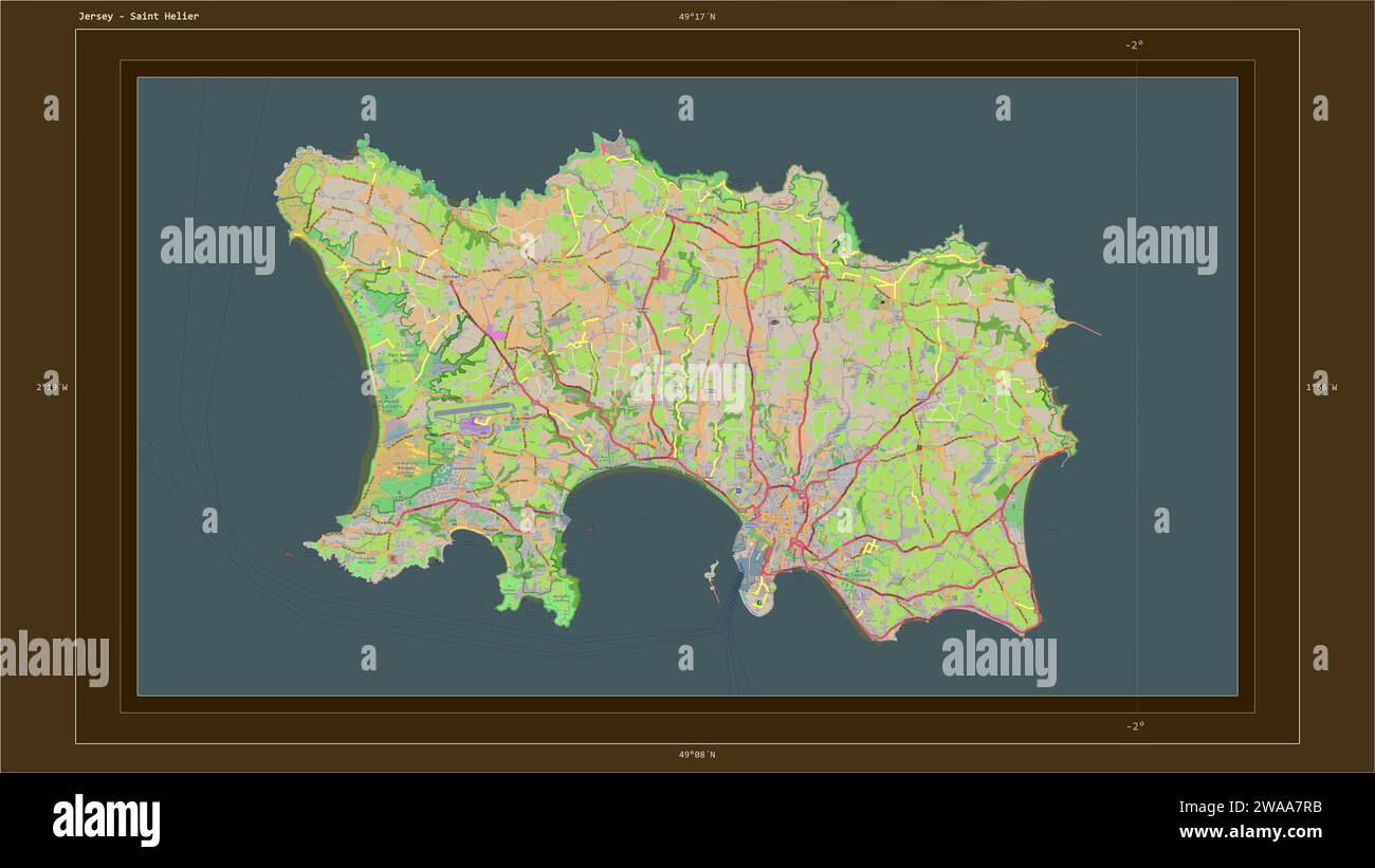 Jersey highlighted on a topographic, OSM France style map map with the country's capital point ...