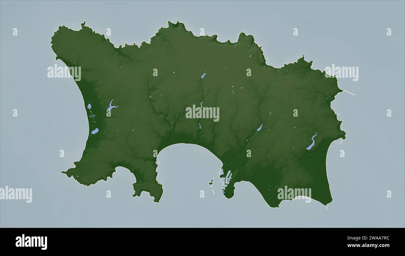 Jersey outlined on a Pale colored elevation map with lakes and rivers ...