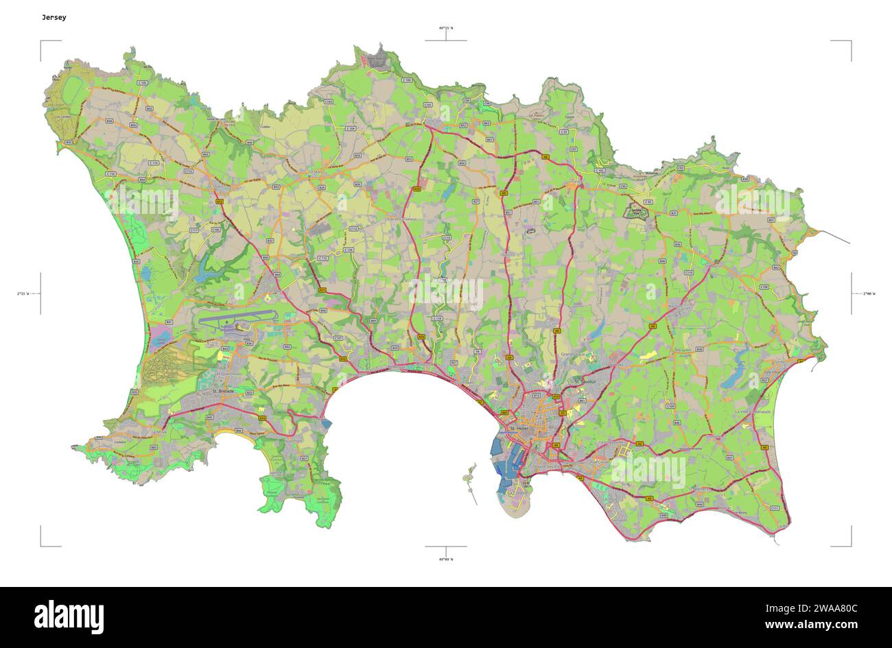 Shape of a topographic, OSM Germany style map of the Jersey, with distance scale and map border ...