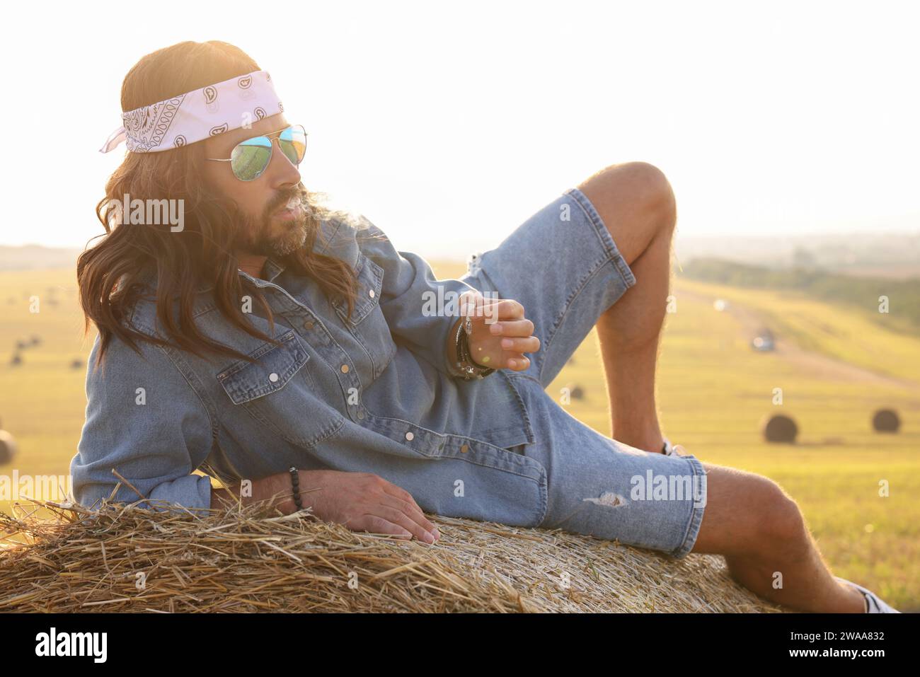 Hippie man smoking joint on hay bale in field Stock Photo - Alamy