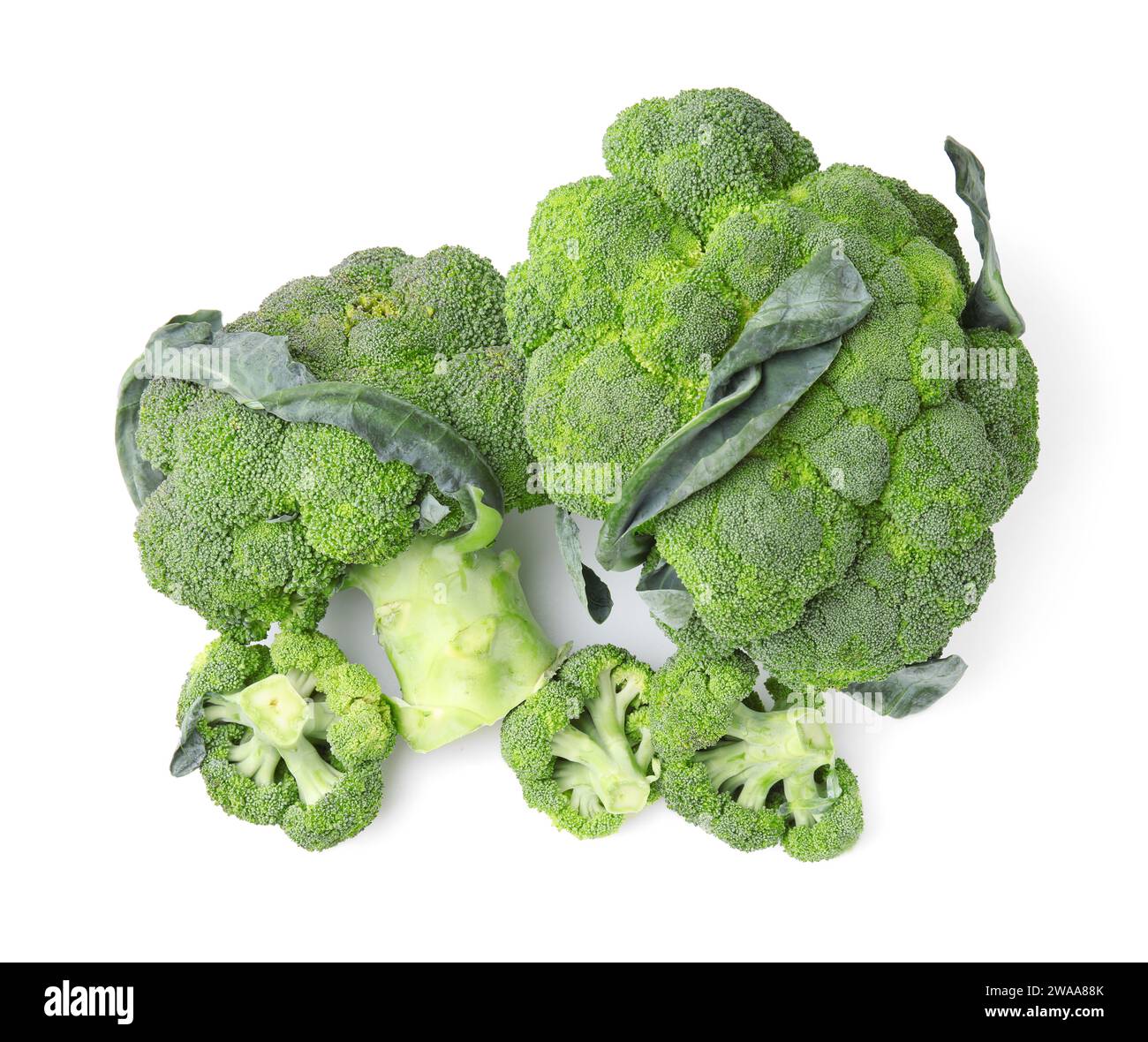 Pile of fresh raw green broccoli isolated on white, top view Stock ...