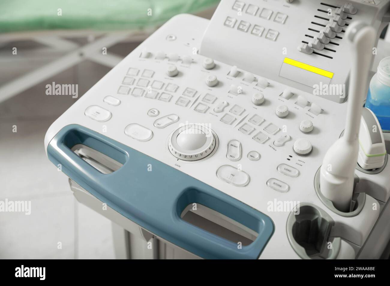 Ultrasound control panel with ultrasonic transducers indoors, closeup ...