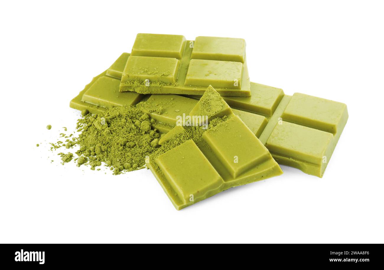 Pieces of tasty matcha chocolate bar and powder isolated on white Stock ...