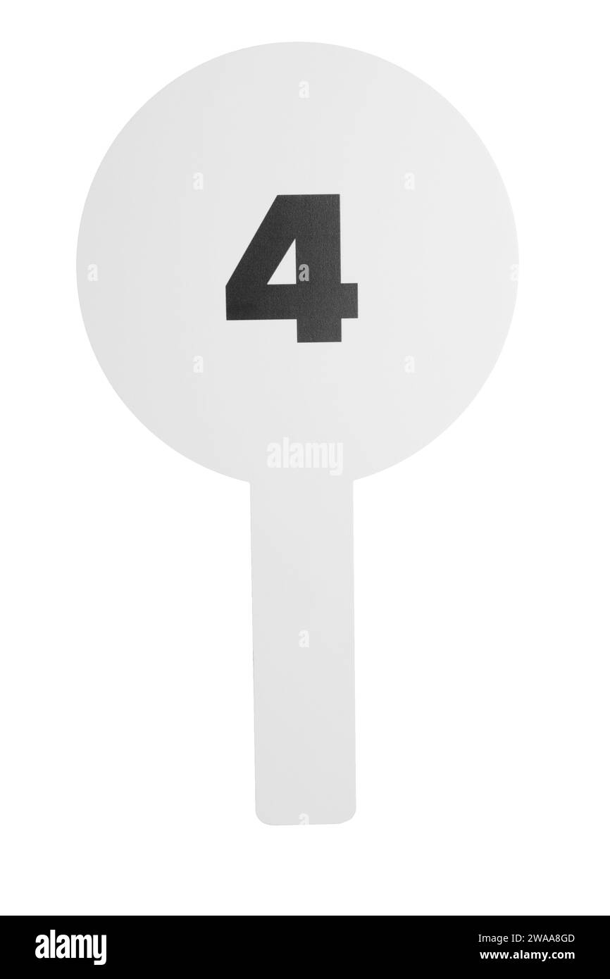 Auction paddle with number 4 isolated on white Stock Photo - Alamy