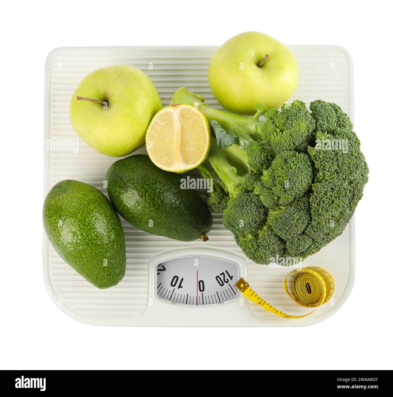 Healthy diet. Scale with products and measuring tape isolated on white ...
