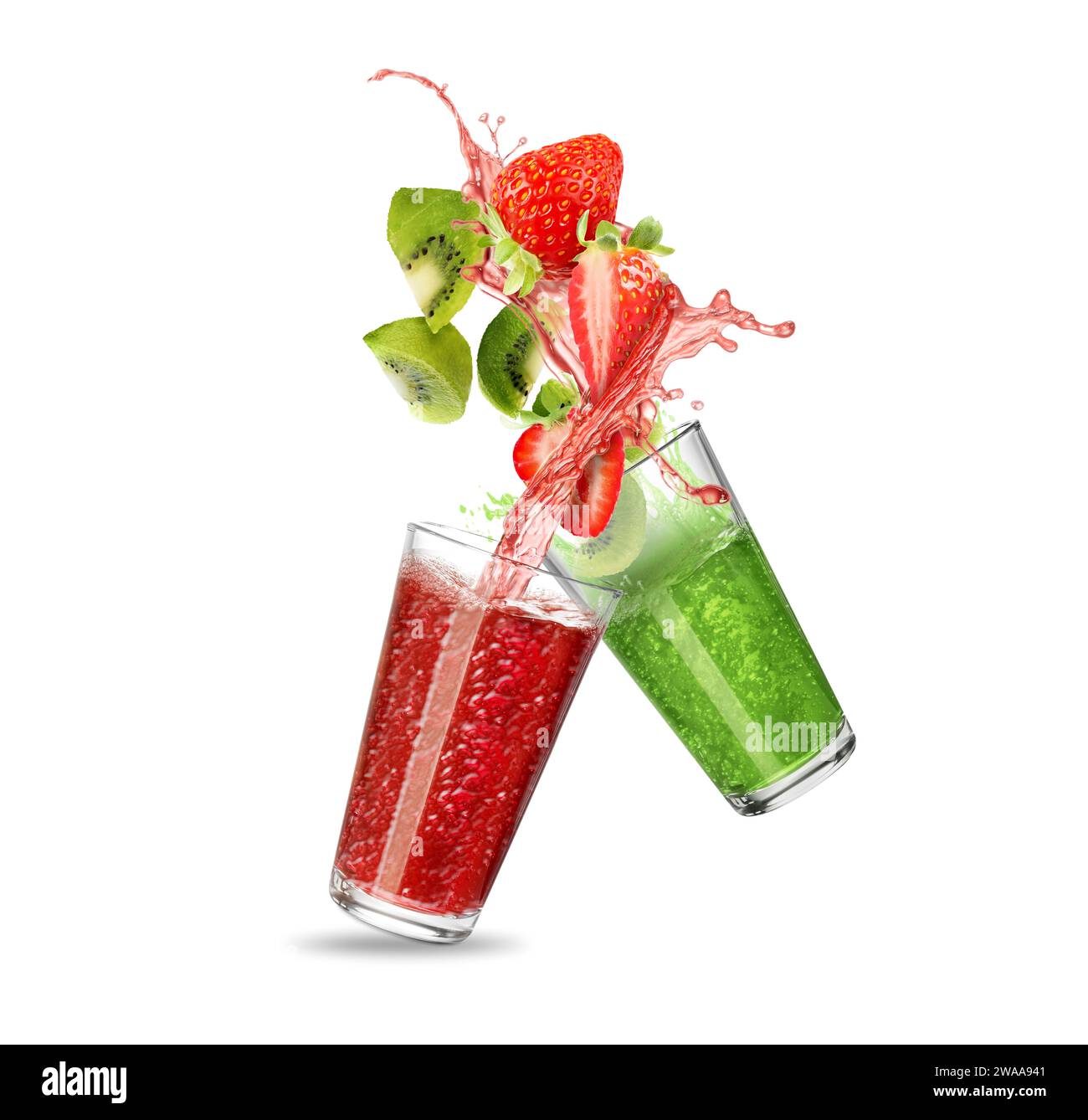 Fresh fruit juices splashing from glasses on white background Stock ...