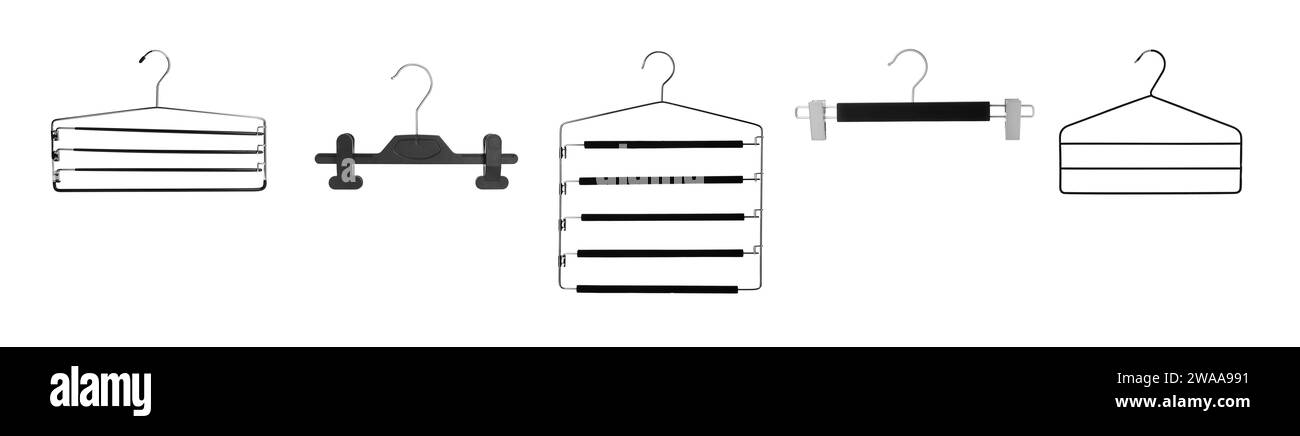 Different empty hangers isolated on white, set Stock Photo - Alamy