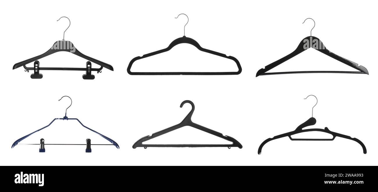 Different empty hangers isolated on white, set Stock Photo - Alamy