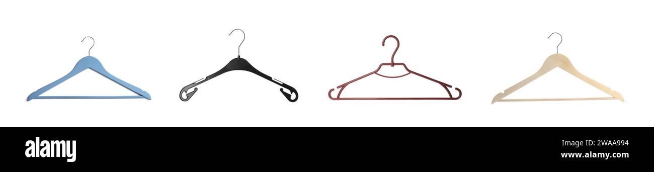 Different empty hangers isolated on white, set Stock Photo - Alamy