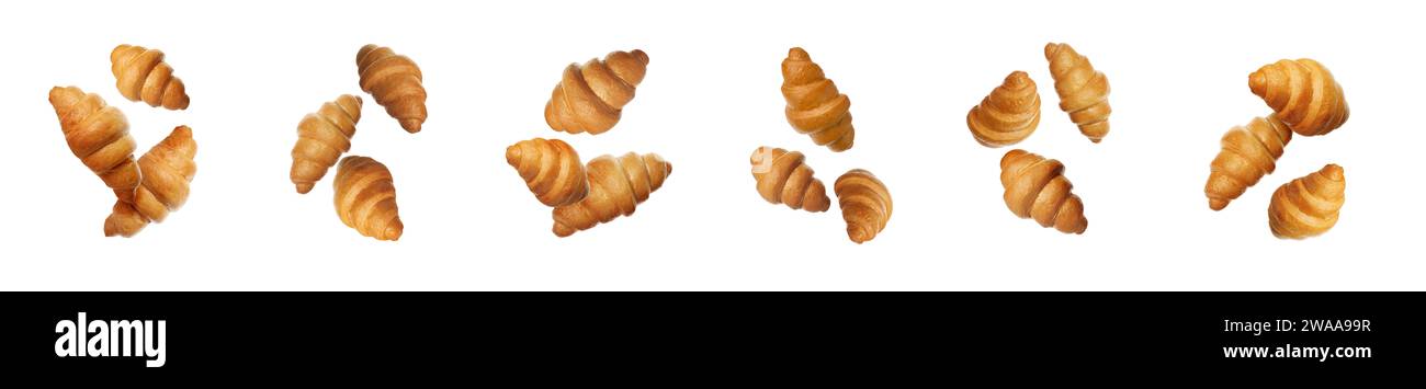 Golden croissants falling on white background, set Stock Photo - Alamy