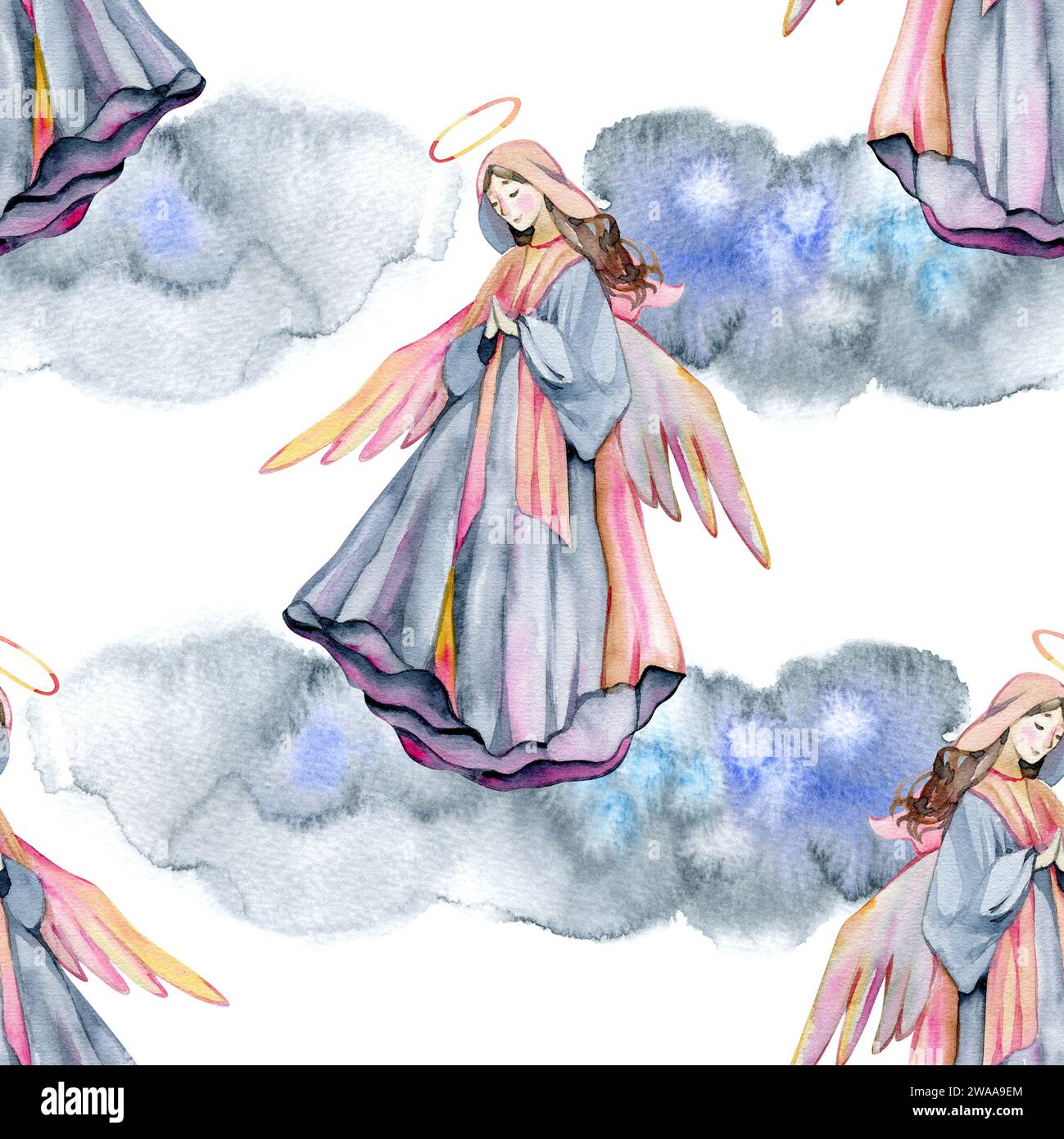 Watercolor angels seamless pattern. Christian pattern with clouds and ...