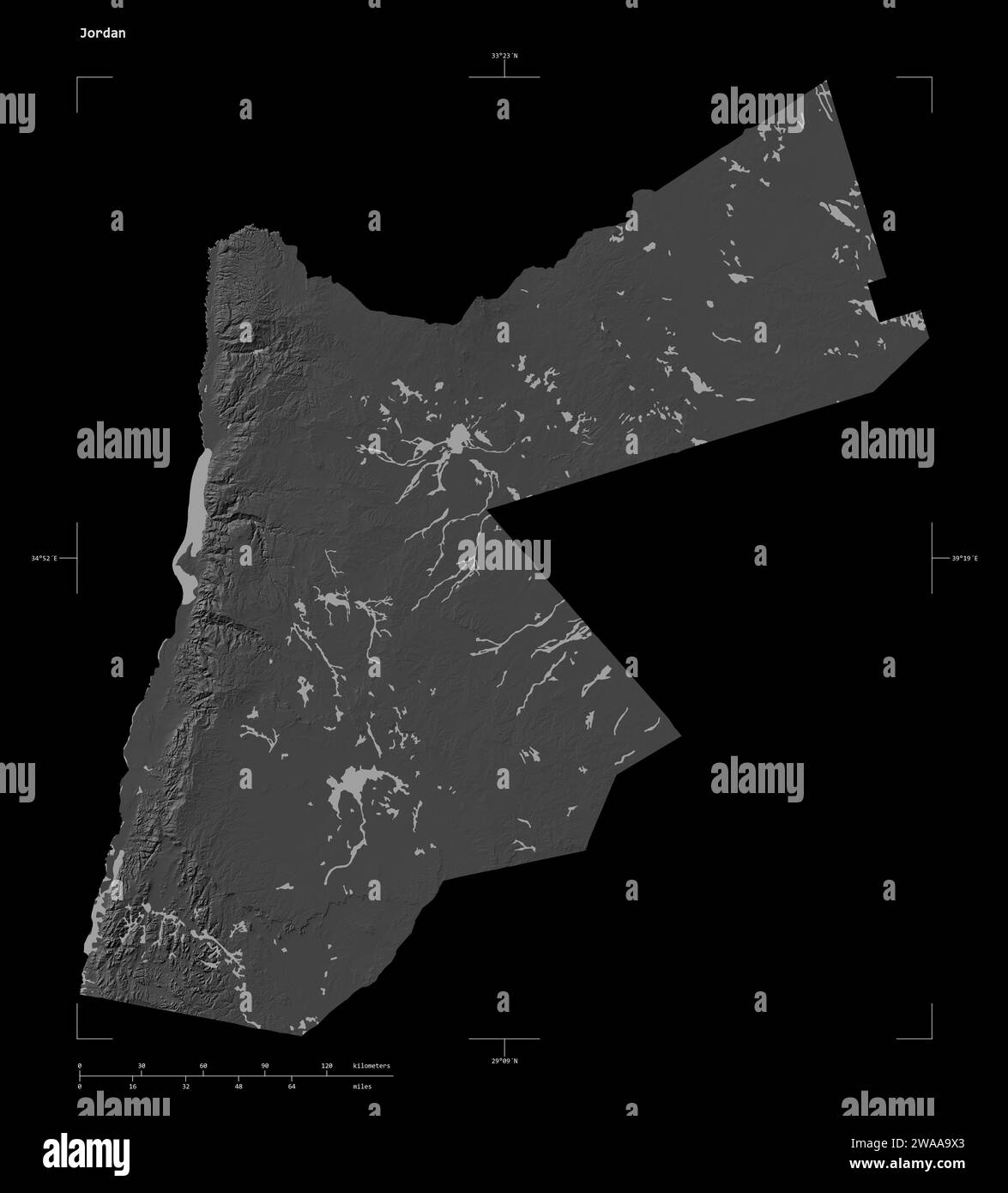 Shape of a Bilevel elevation map with lakes and rivers of the Jordan ...