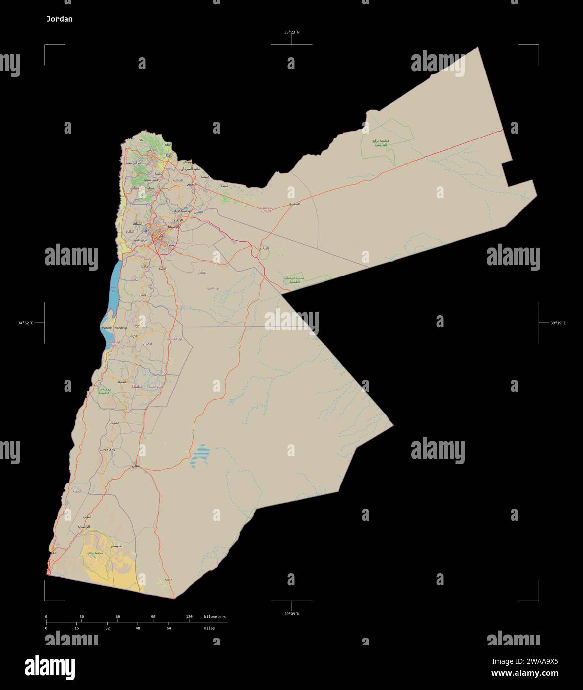 Shape of a topographic, OSM standard style map of the Jordan, with ...