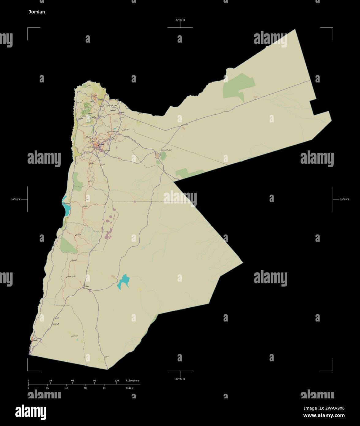 Shape of a topographic, OSM Humanitarian style map of the Jordan, with ...