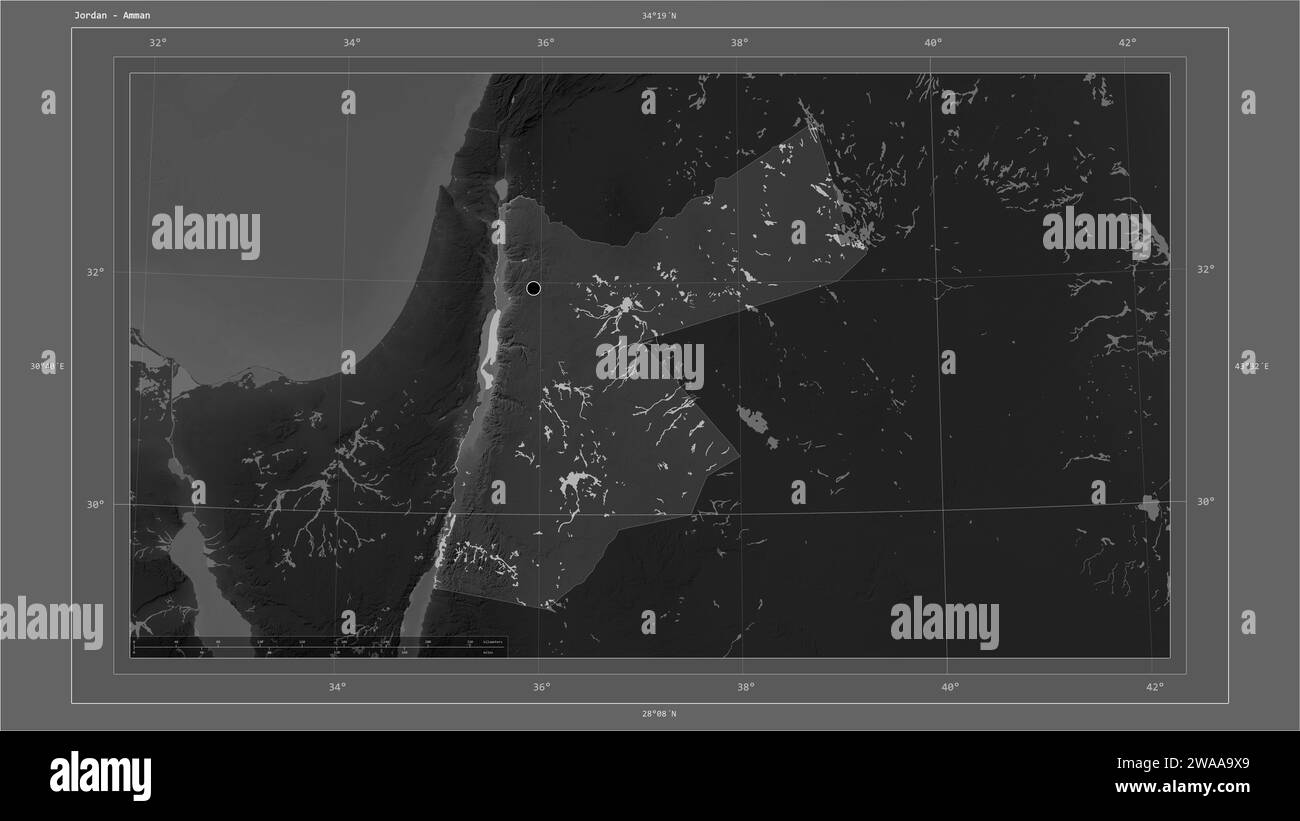 Jordan highlighted on a Grayscale elevation map with lakes and rivers ...