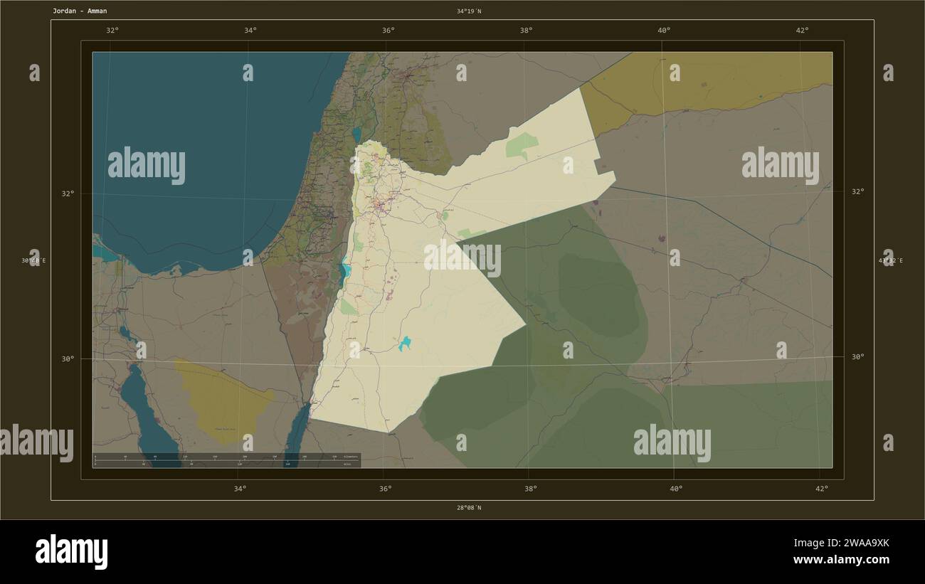 Jordan highlighted on a topographic, OSM Humanitarian style map map ...