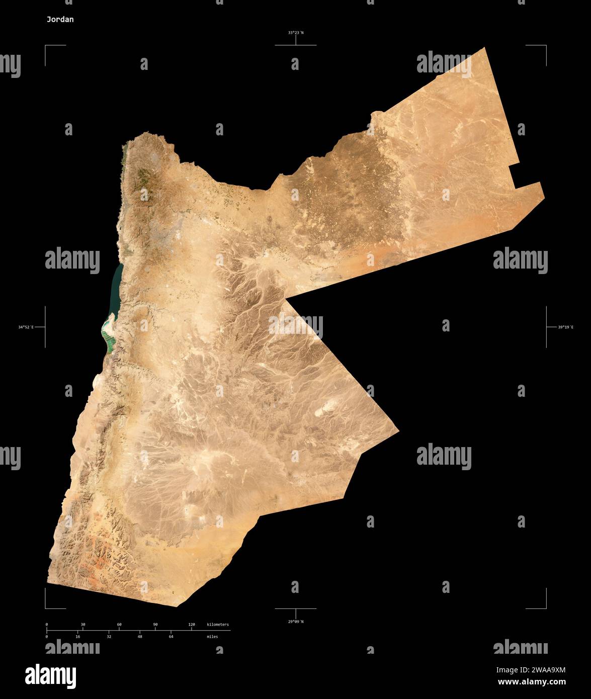 Shape of a low resolution satellite map of the Jordan, with distance ...