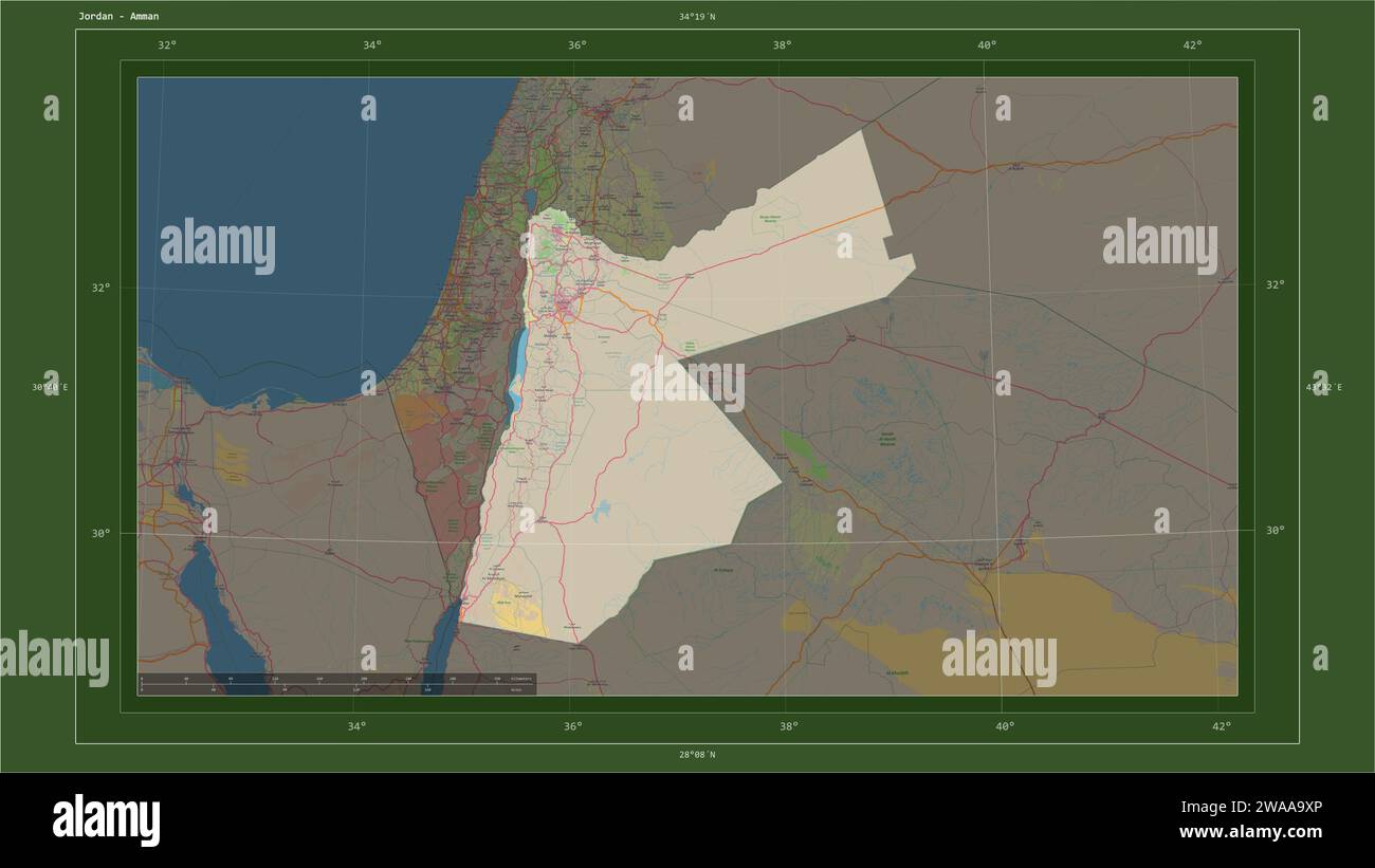 Jordan highlighted on a topographic, OSM Germany style map map with the ...